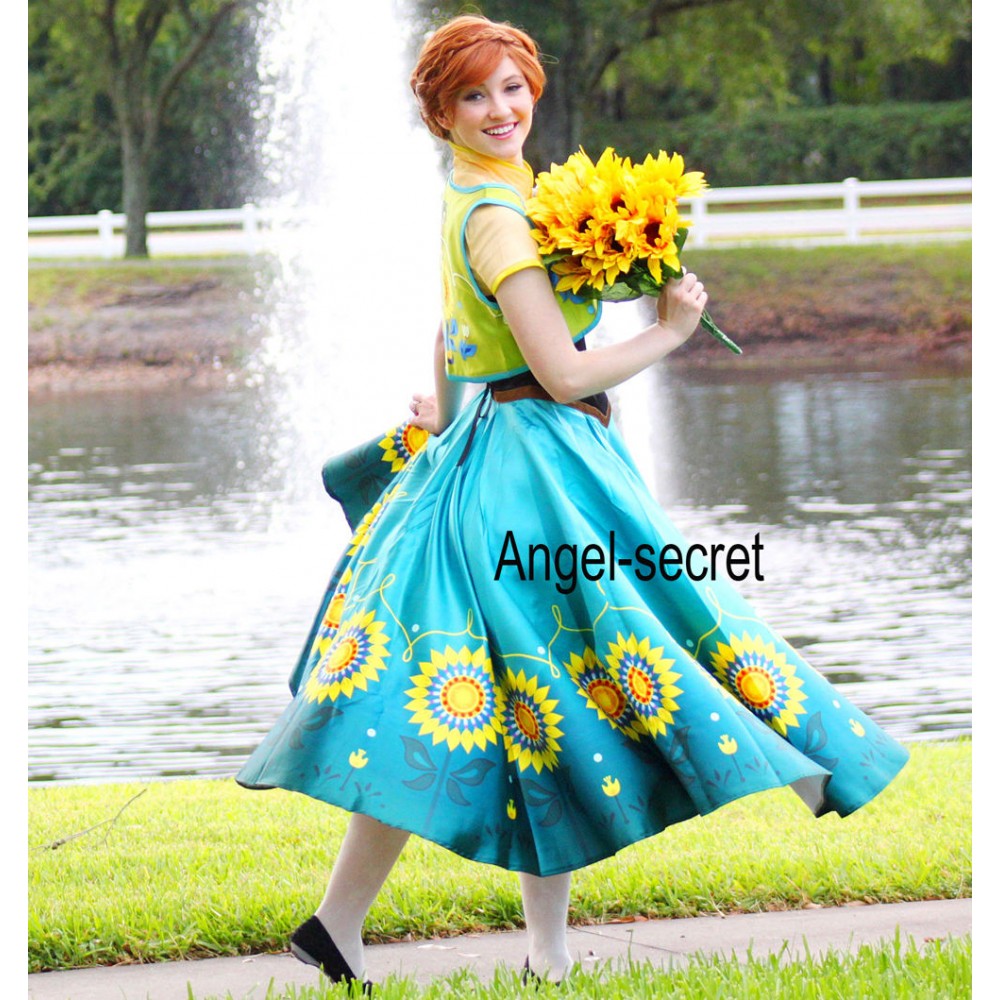 J555 Anna costume frozen fever spring women cosplay sunflower dress and ...