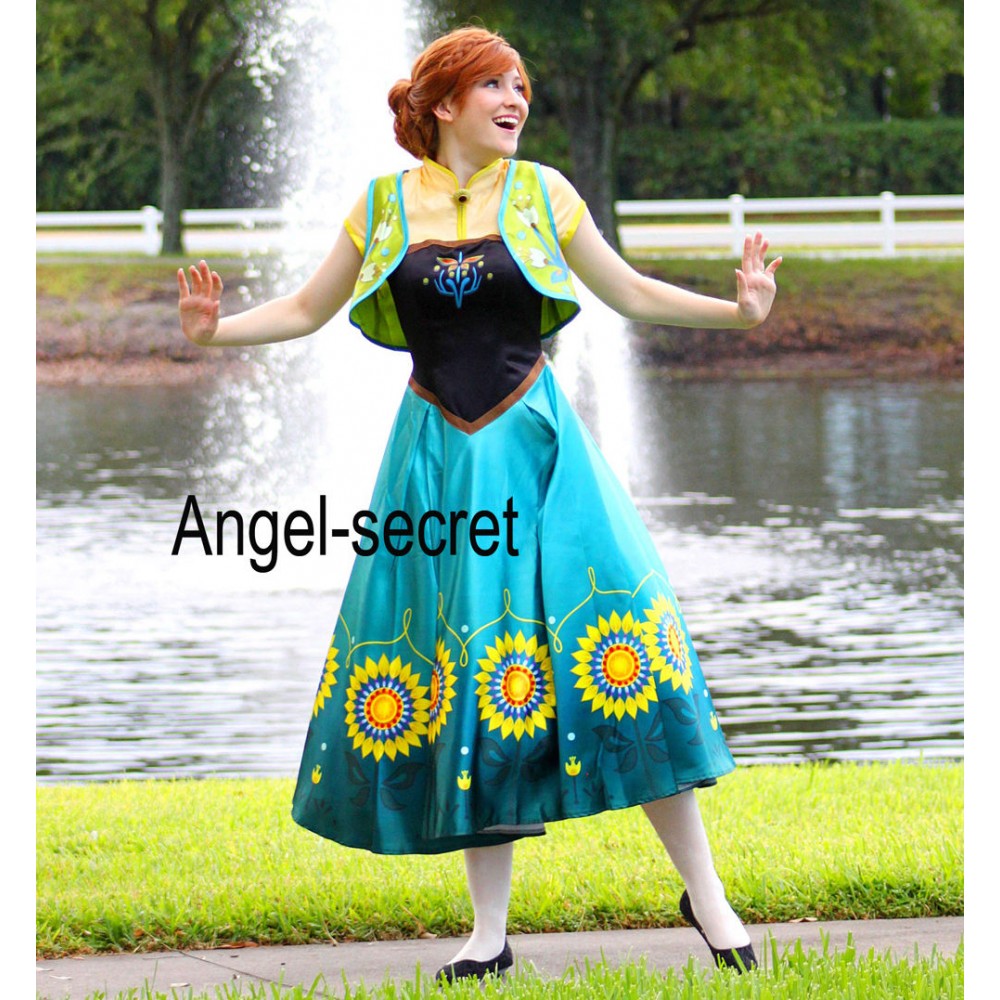 J555 Anna costume frozen fever spring women cosplay sunflower dress and ...