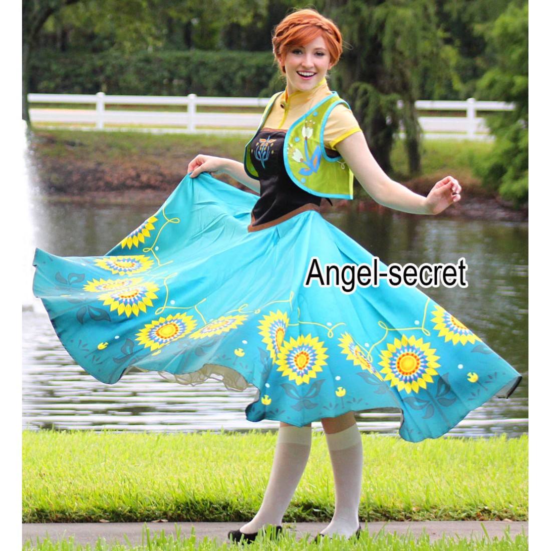 J555 Anna costume frozen fever spring women cosplay sunflower dress and ...